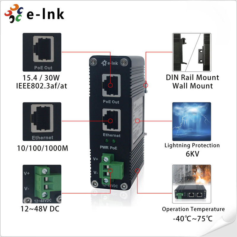 Din Rail Gigabit Active PoE Injector 48V 30W PoE To PoE+ Adapter