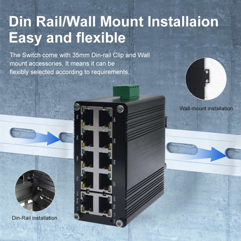 DIN Rail Wall mount Gigabit Ethernet Switch 10 Port 10/100/1000T