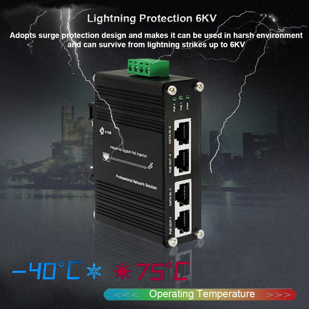 Gigabit PoE Injector Adapter 12 - 48VDC Power Input Industrial 2 Port ...